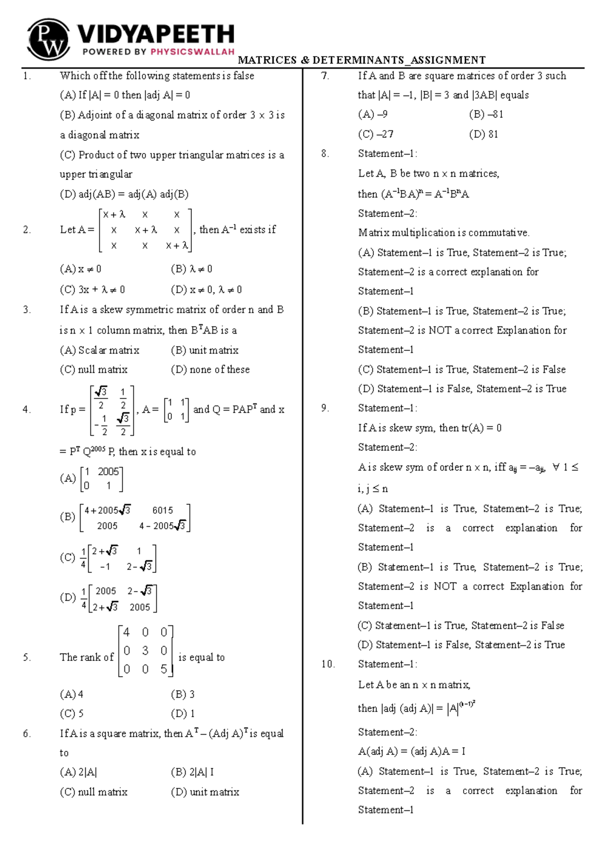 MATRICES DETERMINANTS_ASSIGNMENT Overview and Solutions - Studocu