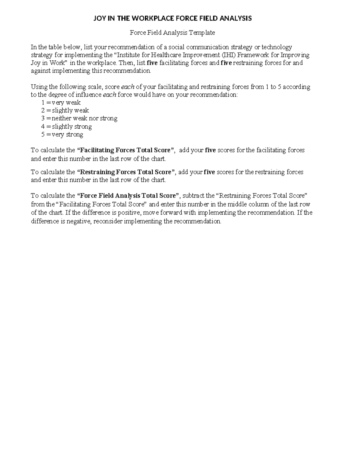 IHI 2023: Joy in the Workplace Force Field Analysis Template - Studocu