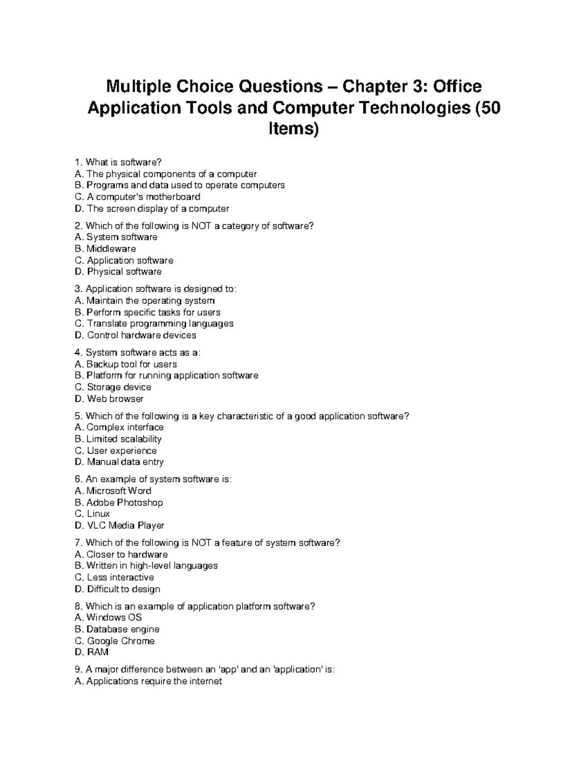 Chapter 3 MCQs: Office Application Tools & Computer Tech (50 Items) - Studocu