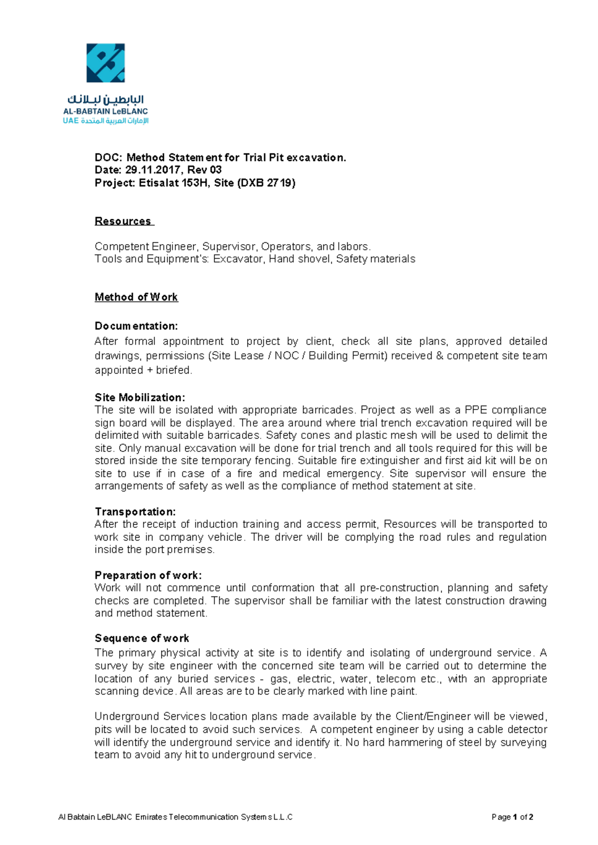 MS - Method Statement for Trial Pit Excavation (Etisalat 153H) - Studocu
