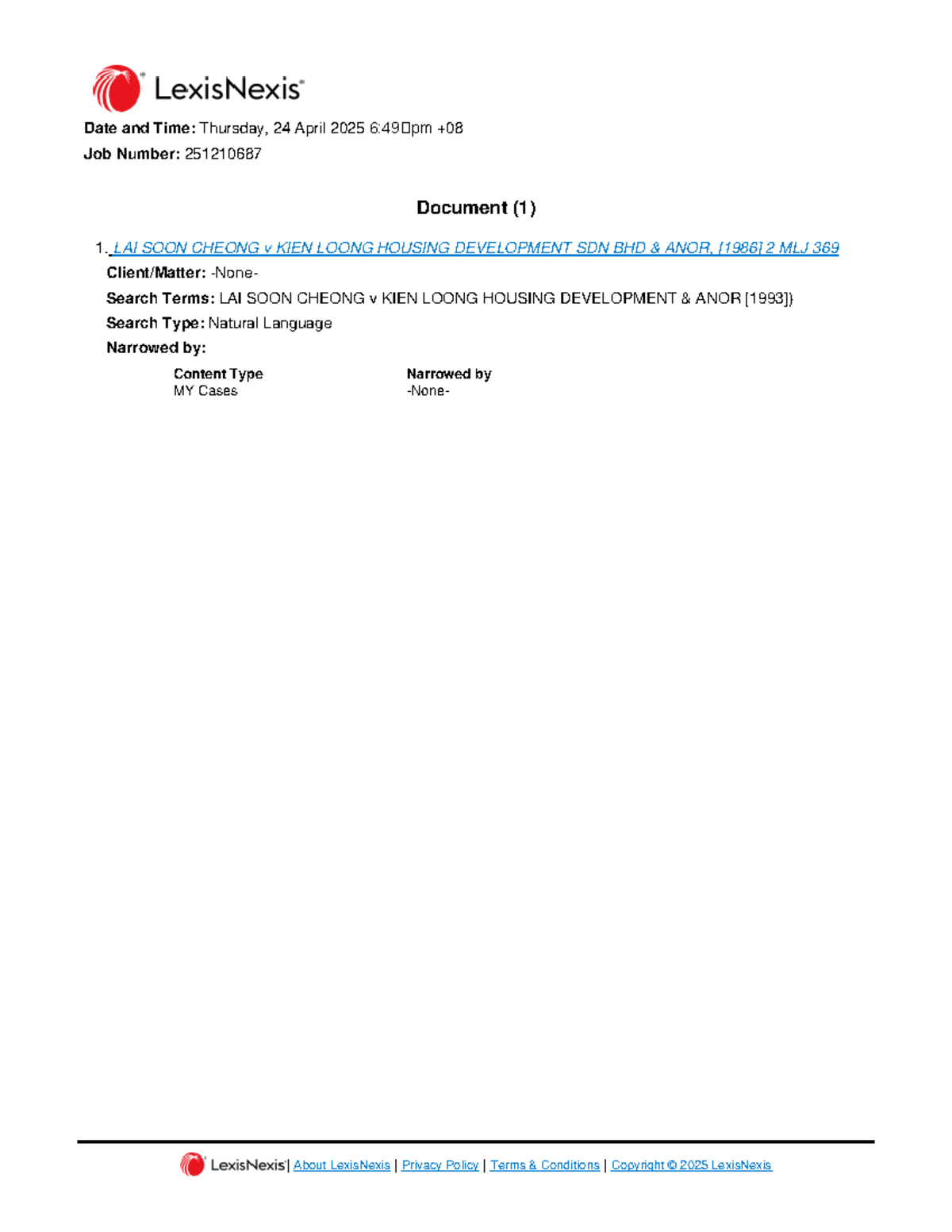 LAI SOON CHEONG v KIEN LOONG HOUSING DEV: Case Analysis 2 MLJ 369 - Studocu