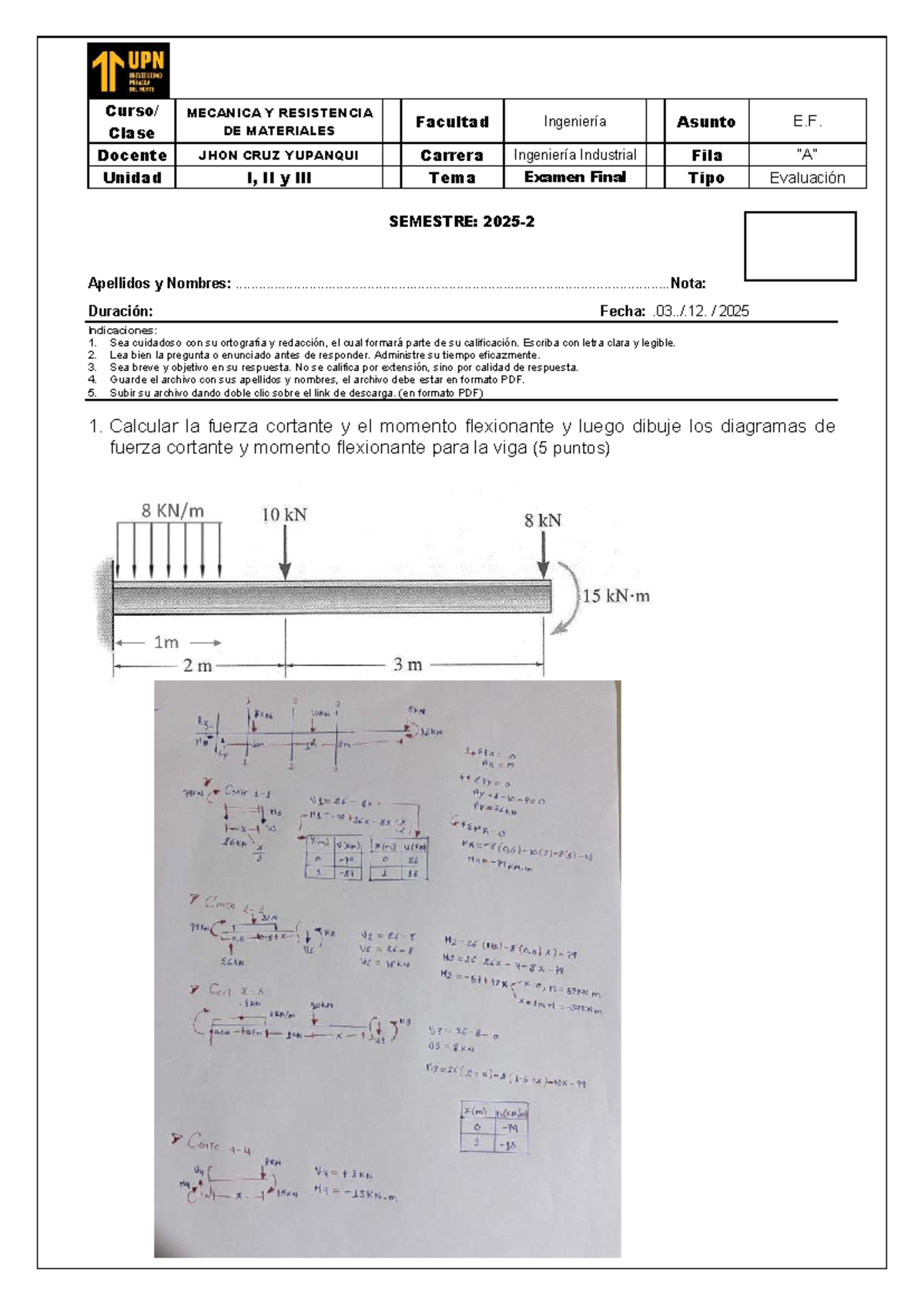 Examen Final MECANICA Y RESISTENCIA DE MATERIALES - Myrma 2025-2 - Studocu