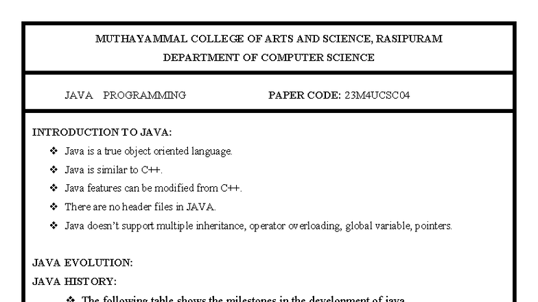 JAVA UNIT I - Introduction to Java Programming Concepts - Studocu