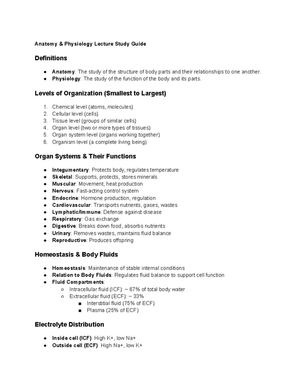Anatomy & Physiology Lecture Study Guide: Key Concepts Overview ...