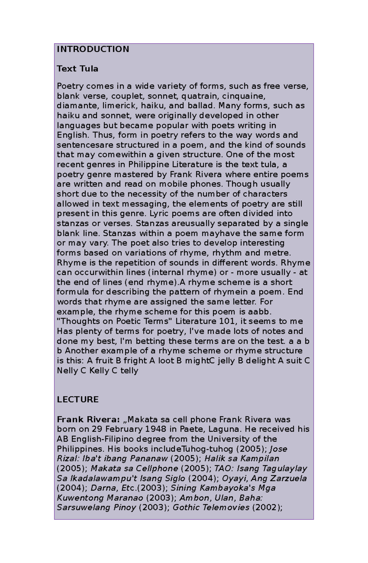 Literature TEXT TULA - Lecture notes 1 - Philippine Literature - LSPU ...