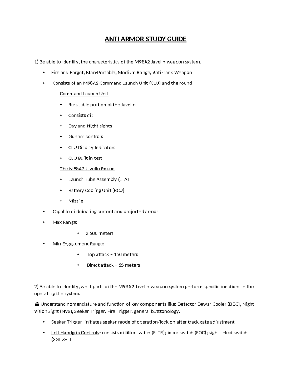 Anti-Armor Warfare Study Guide: M98A2 Javelin & M41A7 Saber - Studocu
