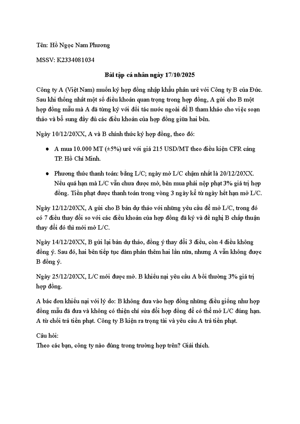 Phân tích hợp đồng nhập khẩu phân urê giữa Công ty A và B - BTCN 17 10 2025 - Studocu