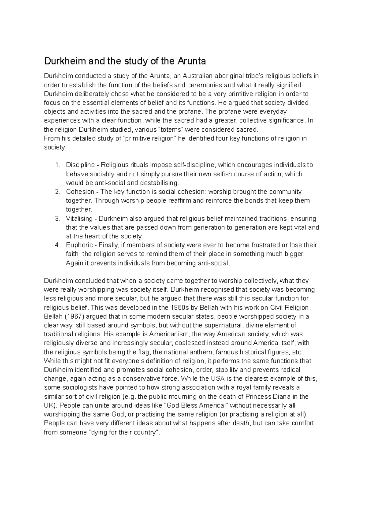 Durkheim's Study on Arunta Religion: Functions & Societal Impact - Studocu