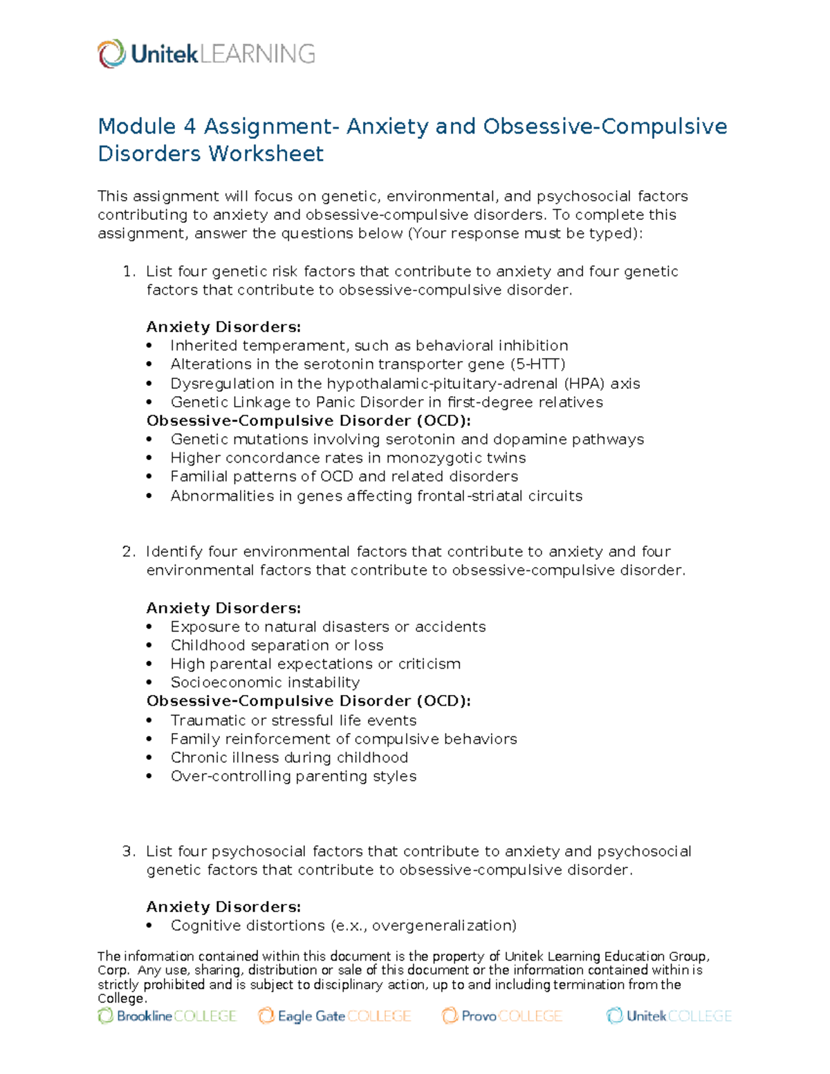 Module 4 Anxiety & OCD Disorders Worksheet - Studocu