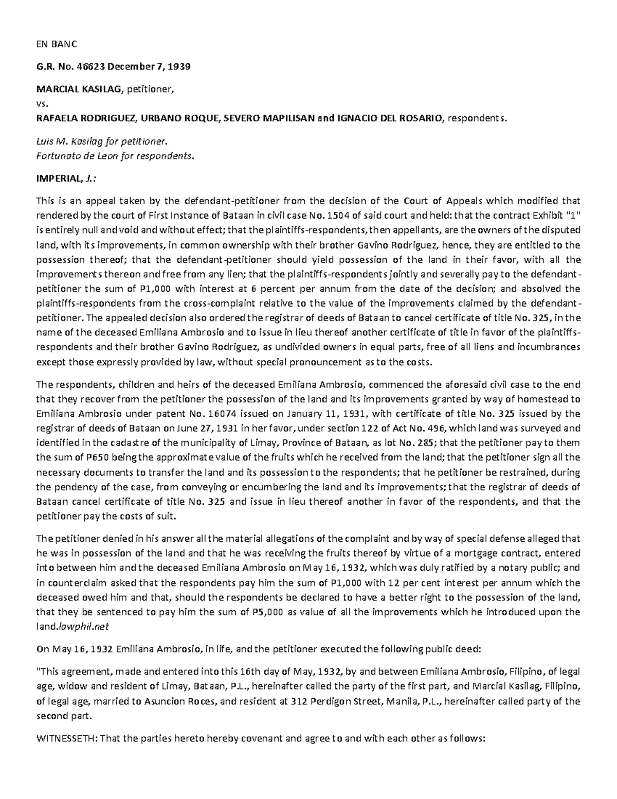 Kasilag v. Rodriguez: Case Summary and Legal Findings (G.R. No. 46623 ...