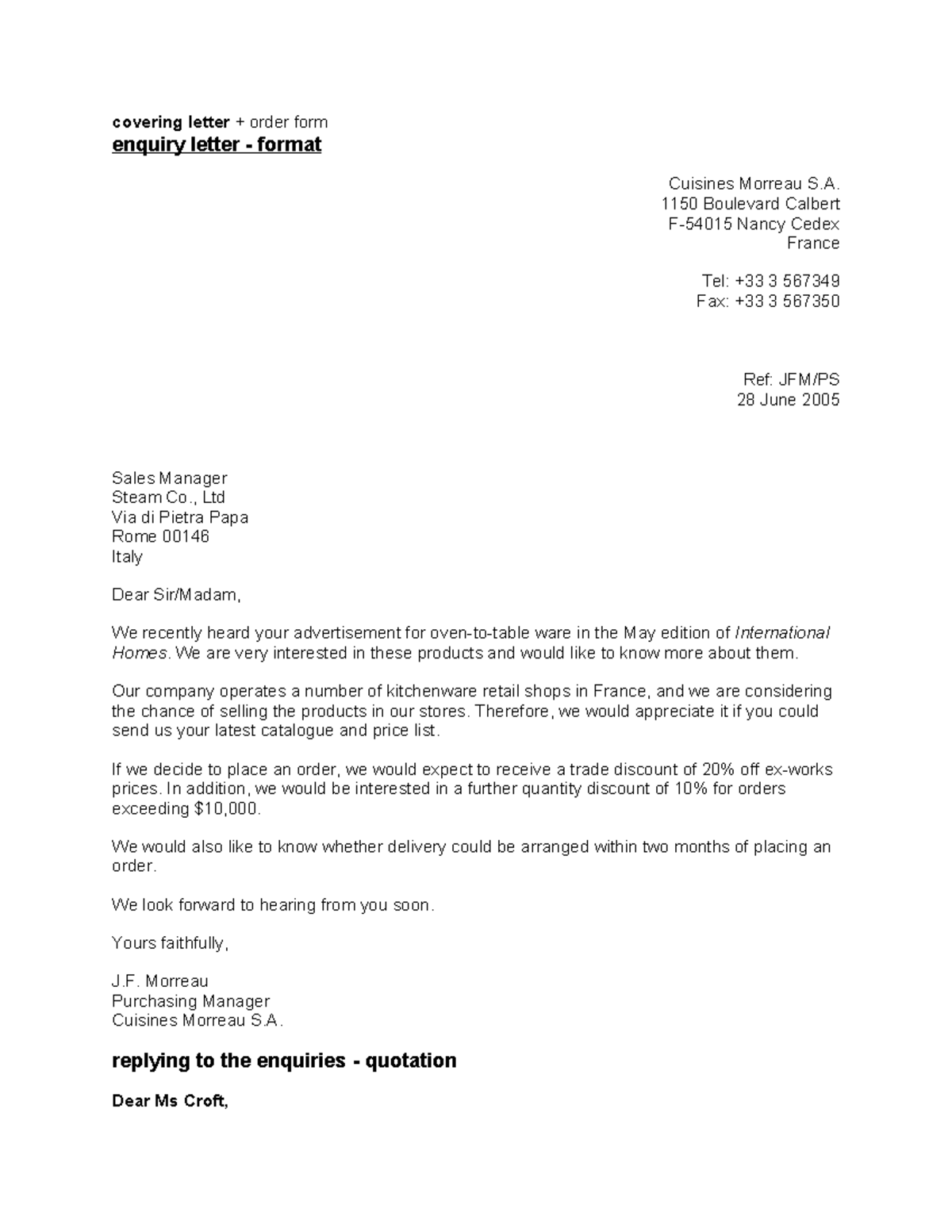 Business Letter Formats: Enquiries, Quotations, and Complaints - Studocu