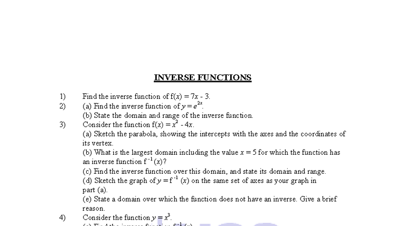 Maths 3U: Inverse Functions and Their Properties - Studocu