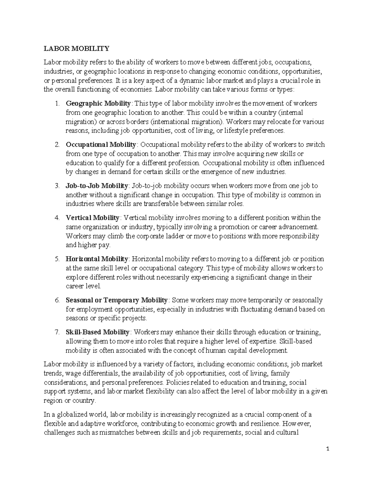 LABOUR ECONOMICS NOTE 4: Understanding Labor Mobility and Trade Unions ...