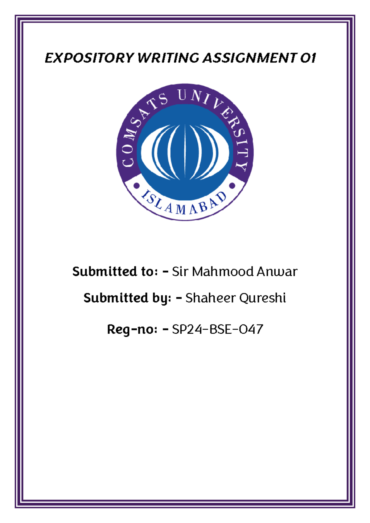 Expository Writing Assignment 01 (SP24-BSE-047) - Essay Structure ...