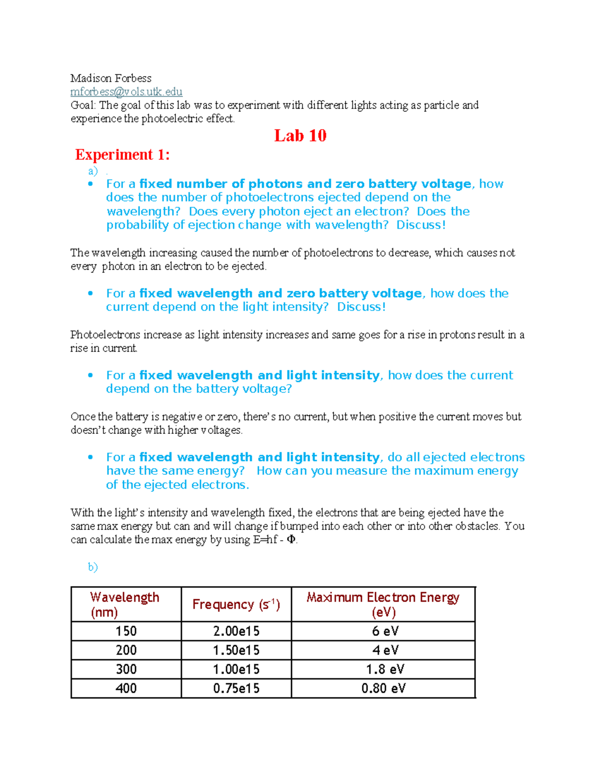 Lab 10: Photoelectric Effect Experiment Analysis - Madison Forbess.222 - Studocu