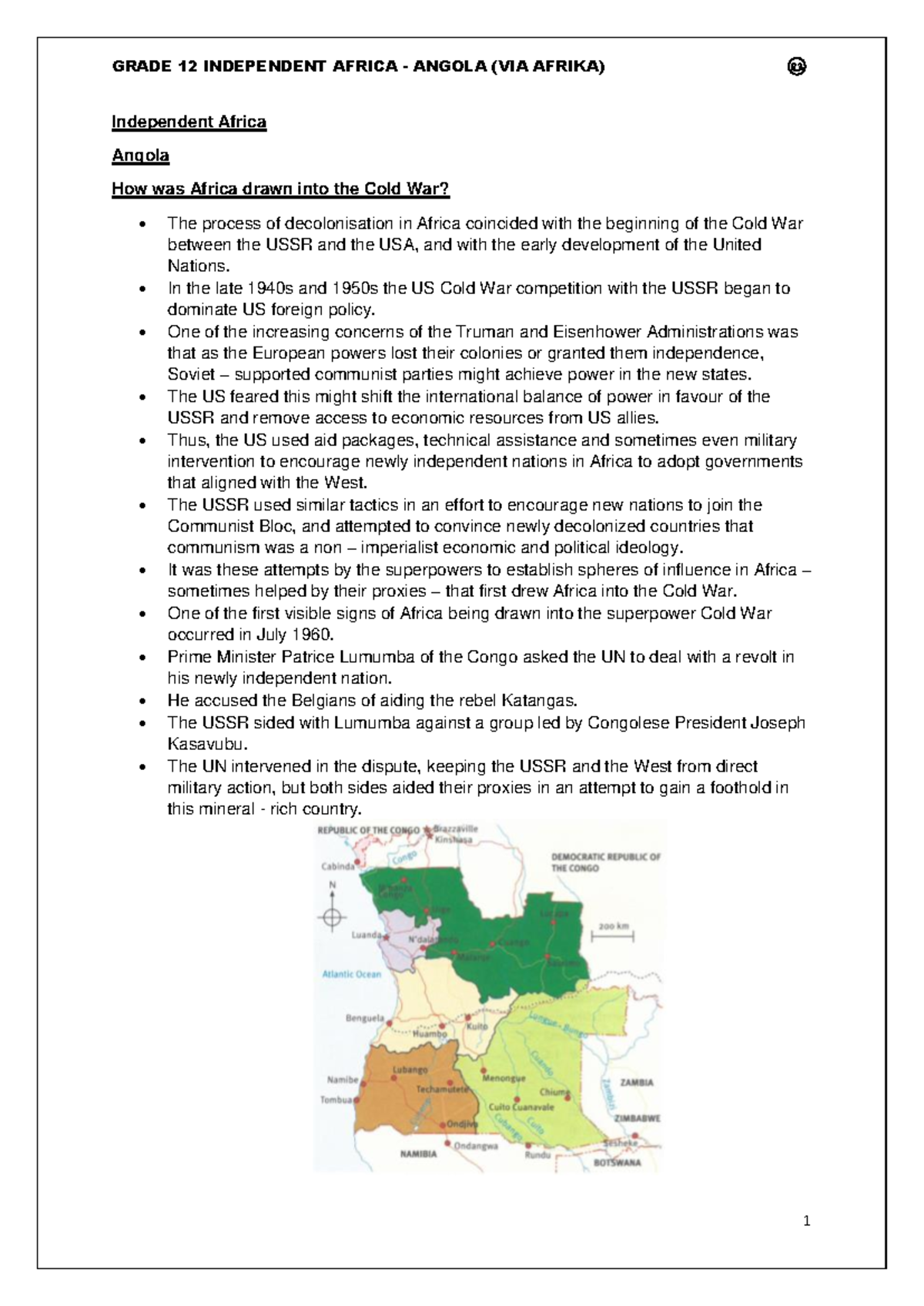 GRADE 12 INDEPENDENT AFRICA ANGOLA (VIA AFRIKA) - Cold War Influence ...