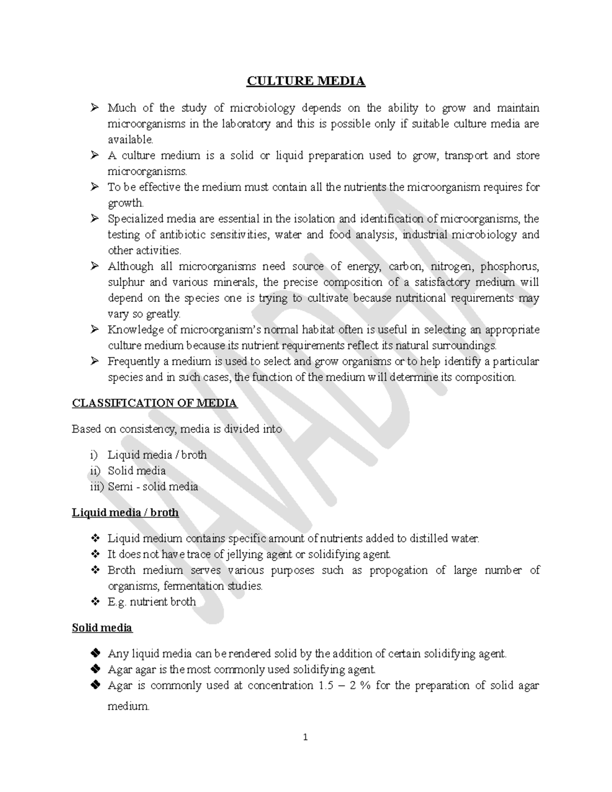 Lecture Notes on Culture Media for Microbiology (Bio 101) - Studocu