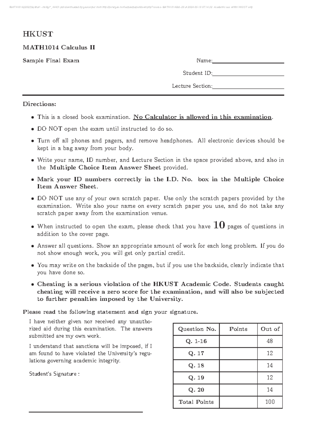 MATH1014 Calculus II Sample Final Exam Instructions and Questions - Studocu