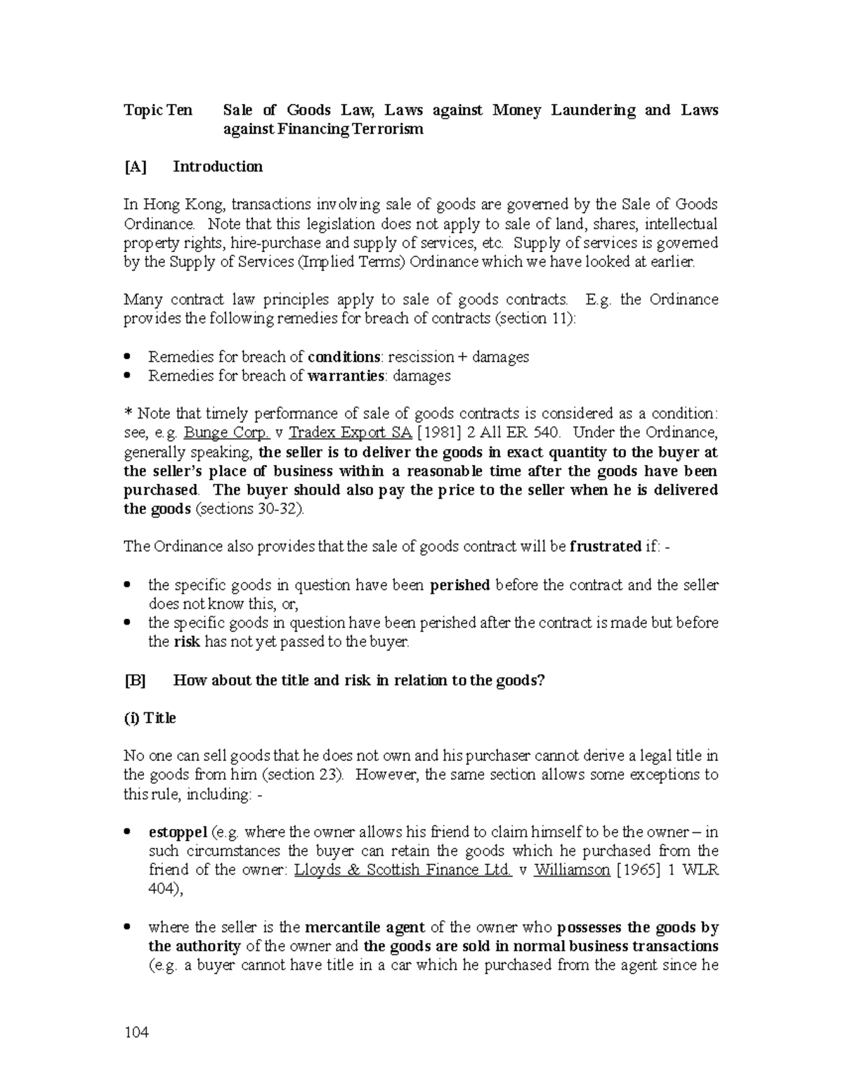 ACCT 3151 Notes 10 - Topic Ten Sale of Goods Law, Laws against Money ...