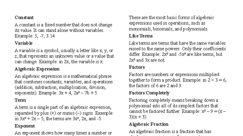 Algebra Reviewer: Key Concepts and Definitions - Studocu