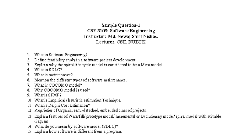 CSE 3109: Software Engineering Sample Questions & Answers - Studocu