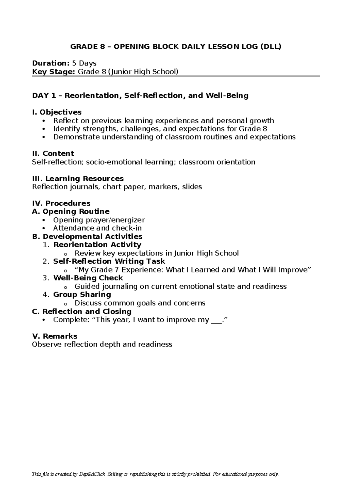 Grade 8 Opening Block Daily Lesson Log (DLL) - 5 Days Overview - Studocu