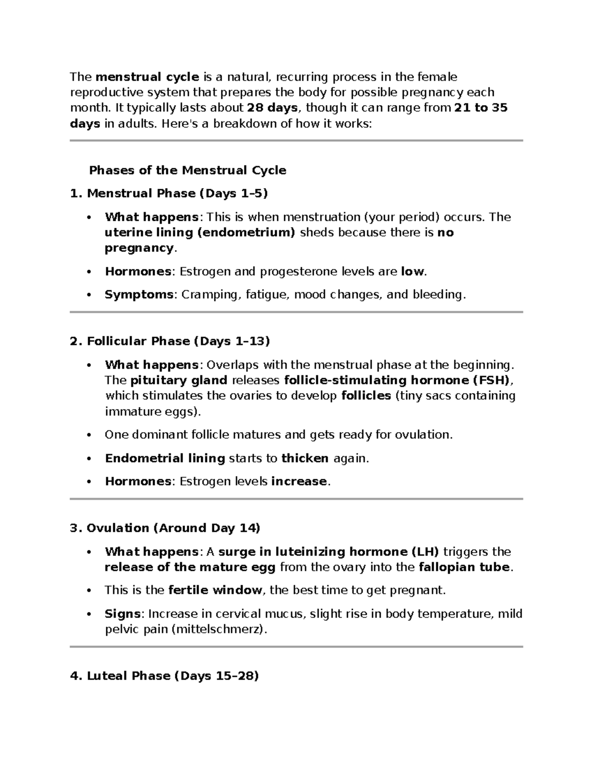 Understanding the Menstrual Cycle: Phases and Hormonal Changes - Studocu