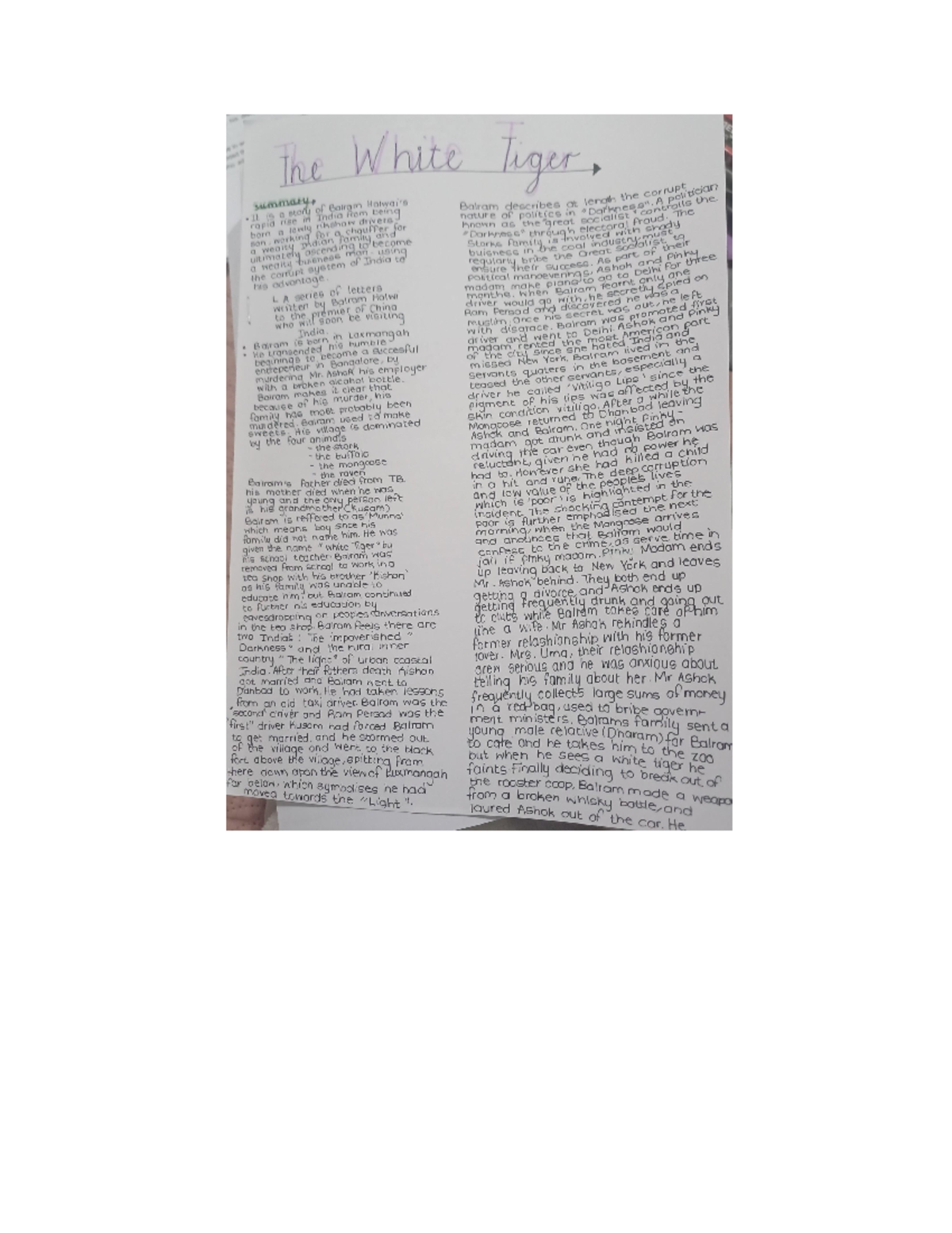 White Tiger Summary Notes for ENG 202: Balram's Journey and Corruption ...