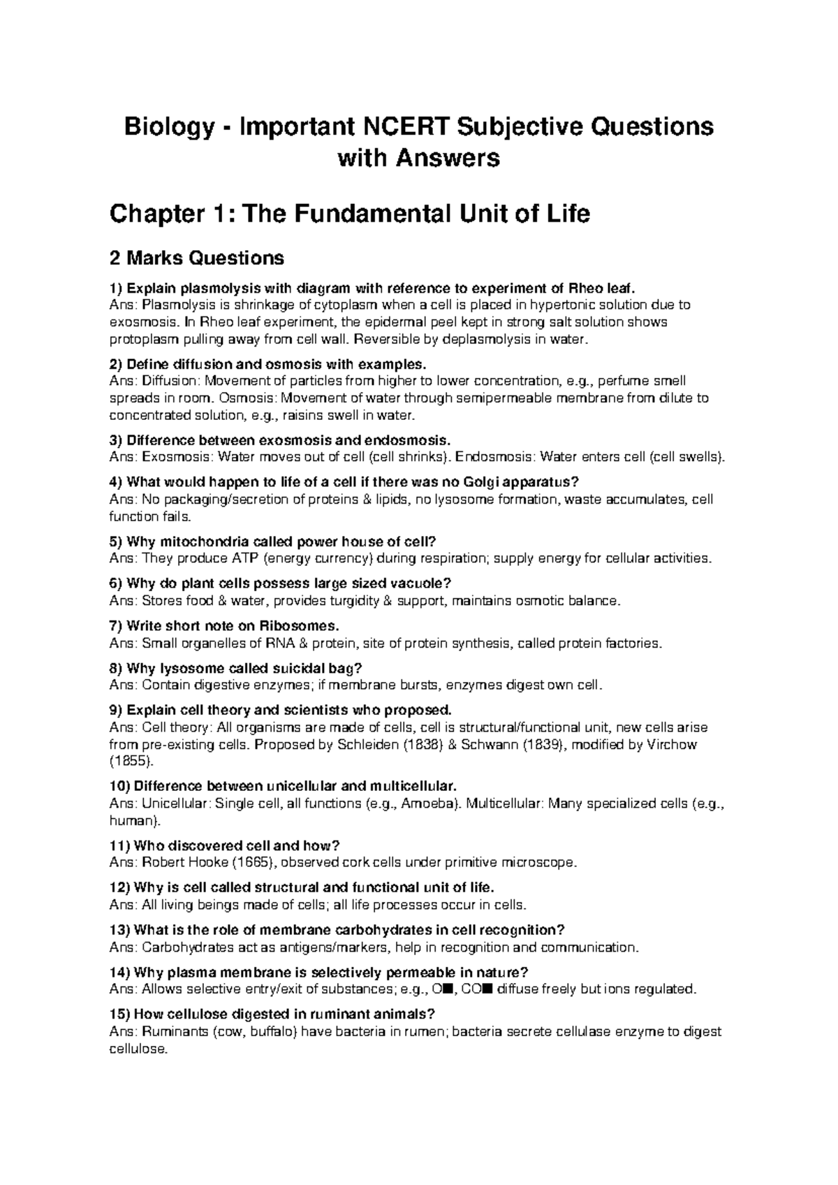 Biology Important Questions Class 9: Chapter 1 - The Fundamental Unit ...