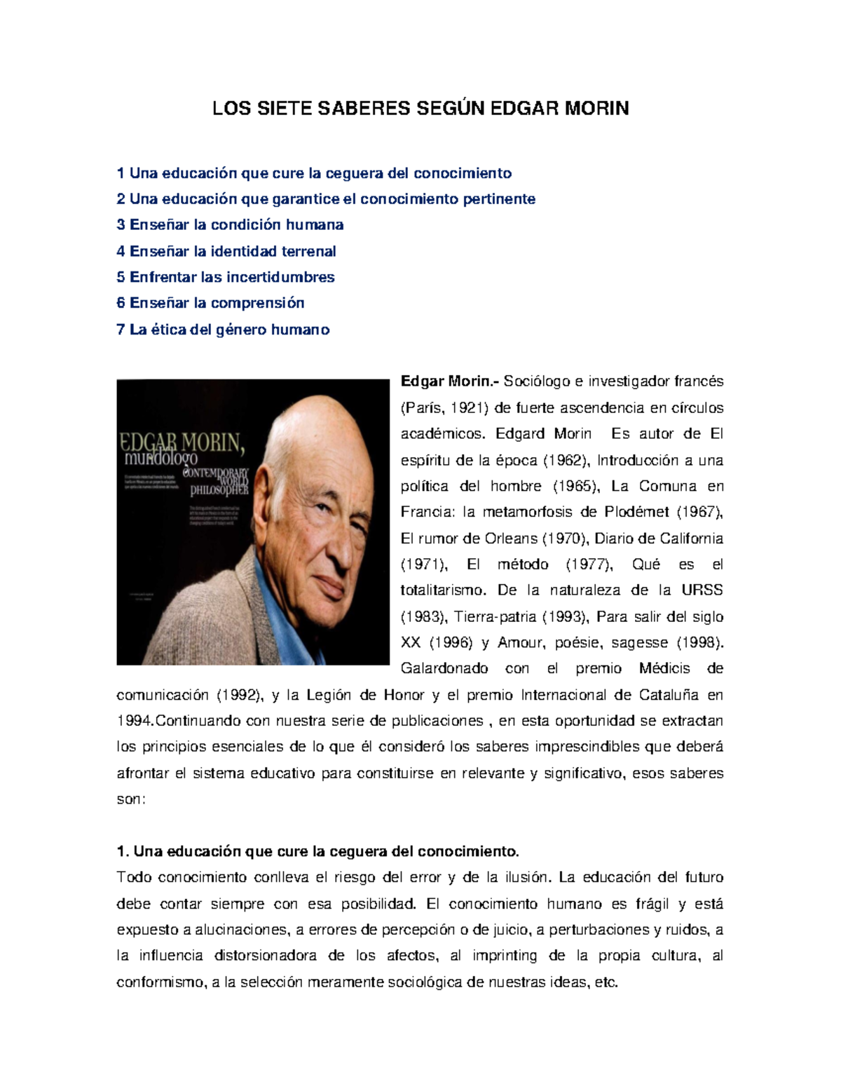 Los Siete Saberes De Edgar Morin Una Educación Transformadora Studocu