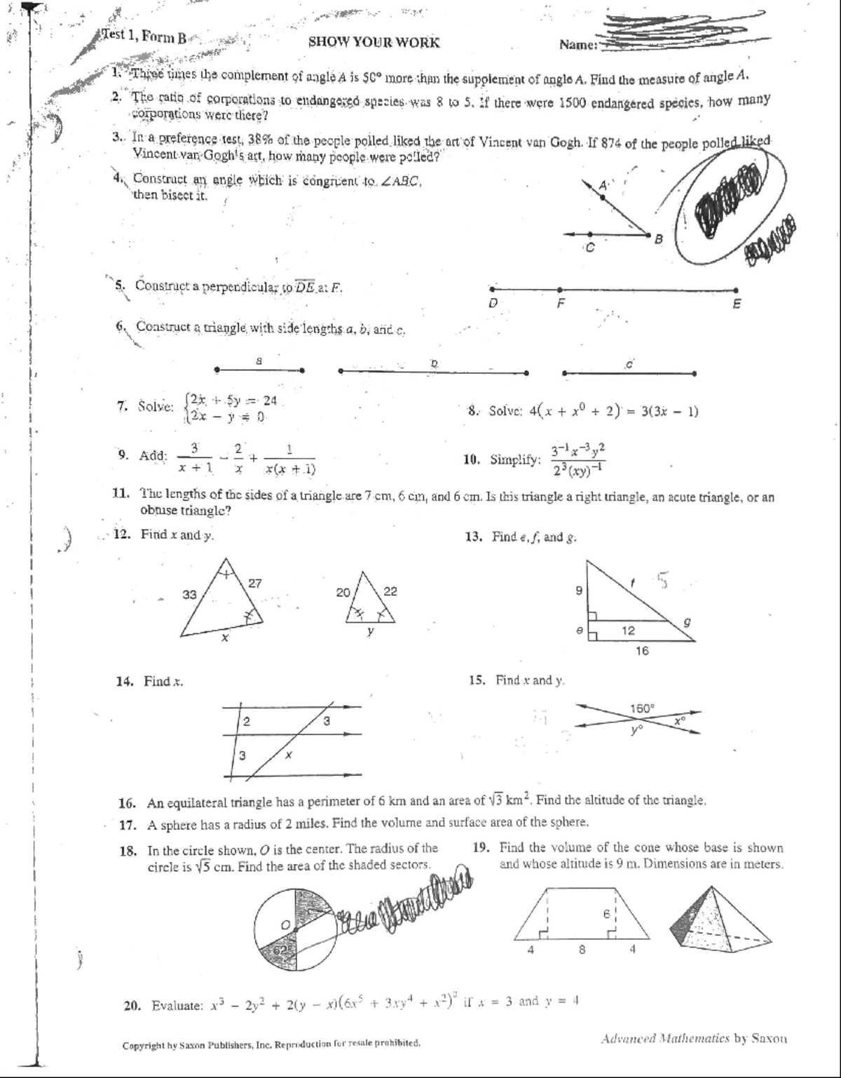 Saxon Adv. Math Test Form 1B: Key Concepts & Solutions - Studocu