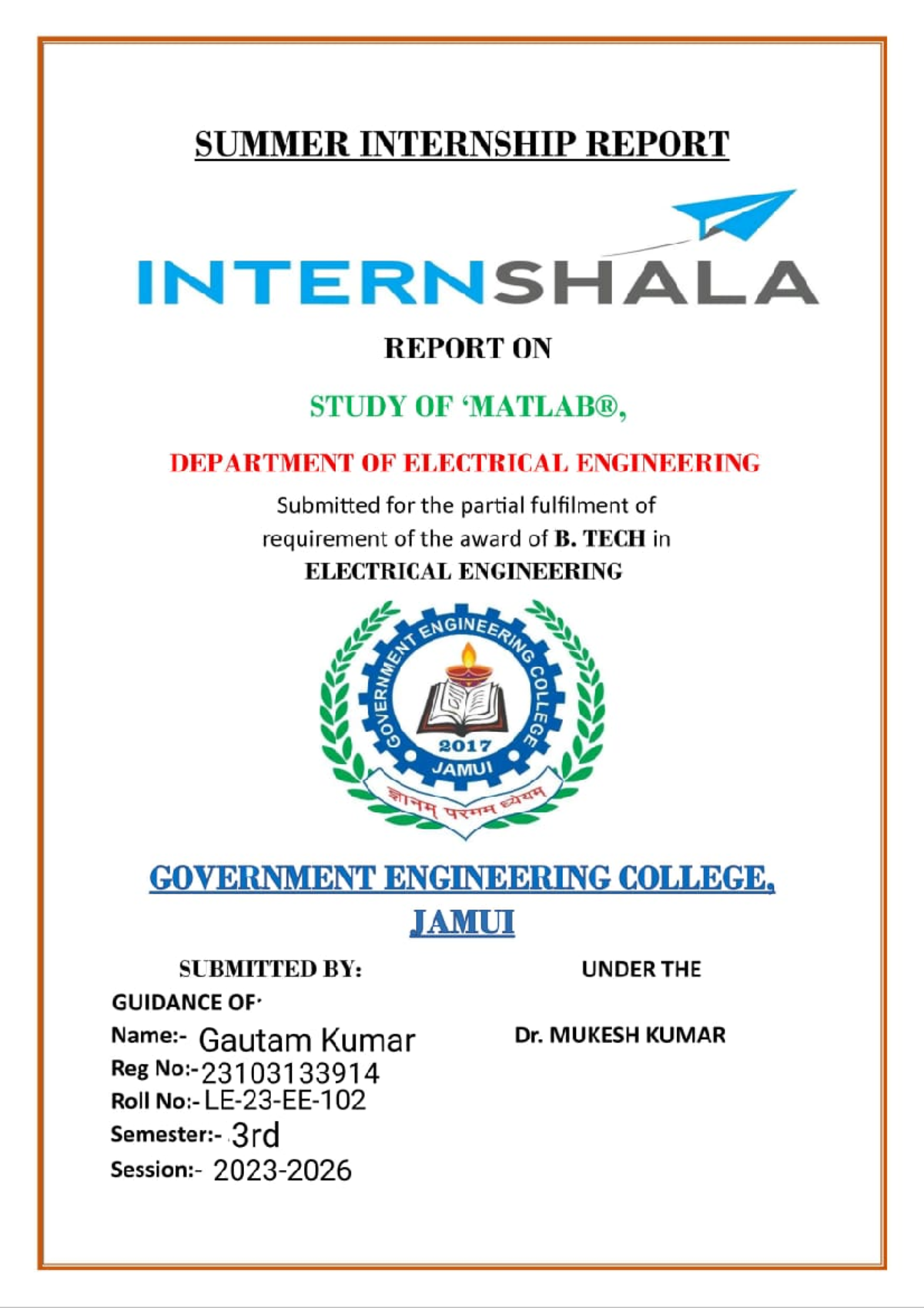 Matlab training - SUMMER INTERNSHIP REPORT INTERNSHALA REPORT ON STUDY OF DEPARTMENT OF ...