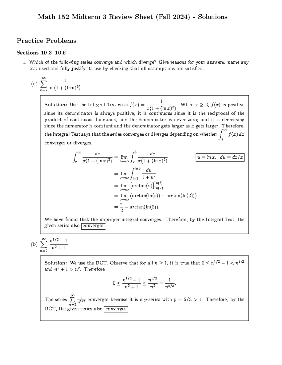 Math 152 Midterm 3 Review Sheet (Fall 2024) Solutions and Practice Problems - Studocu
