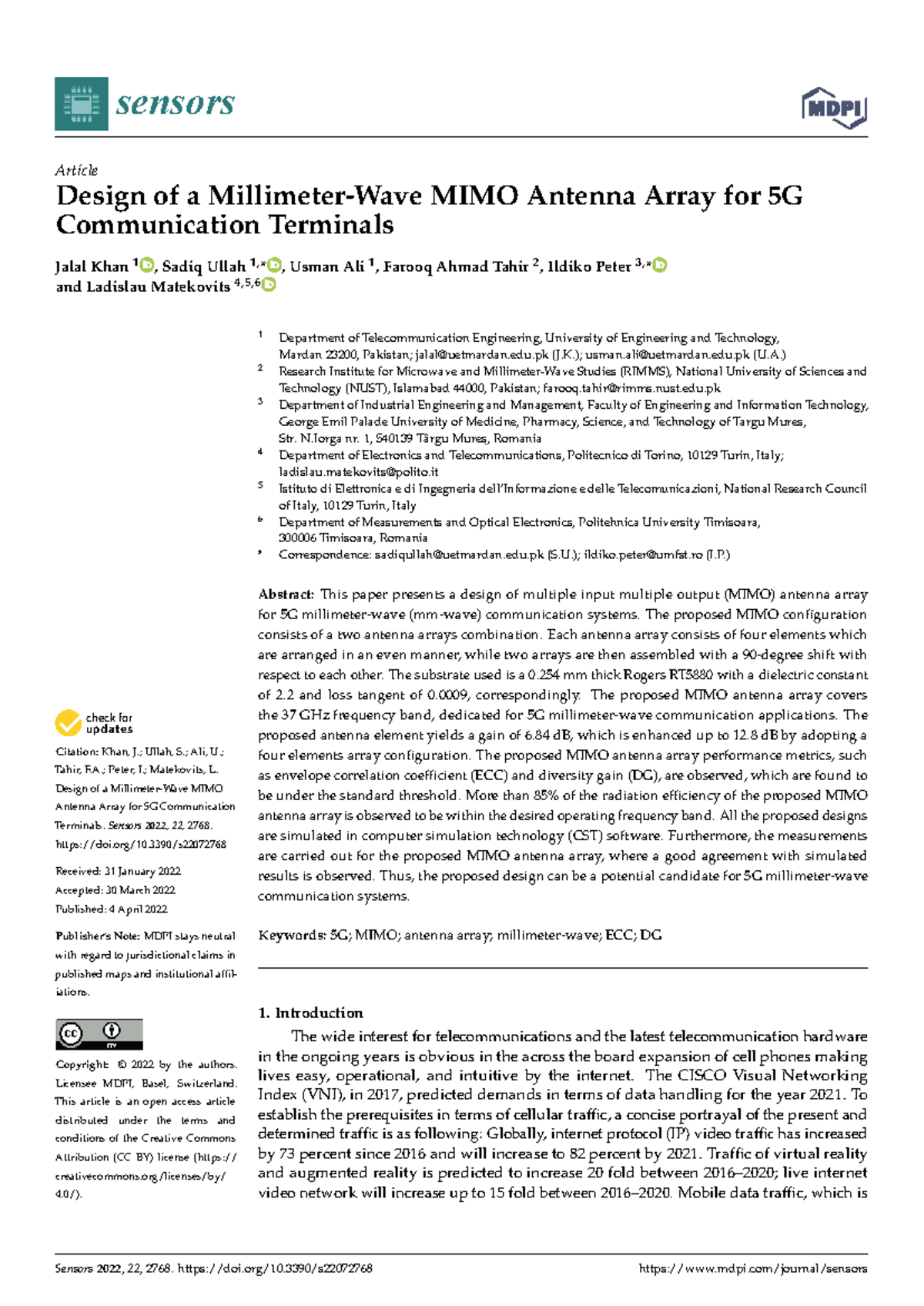 Design of a MIMO Antenna Array for 5G Communication Systems (Sensors ...