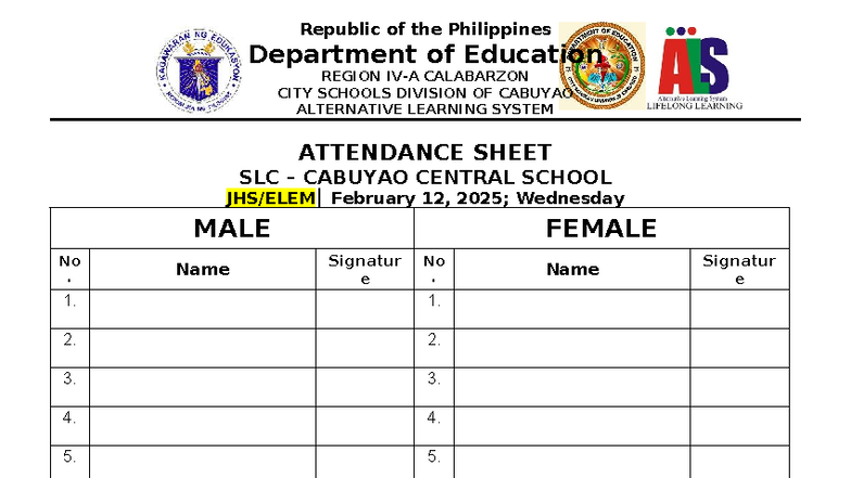 Attendance Sheet for Alternative Learning System - SLC Cabuyao - Studocu