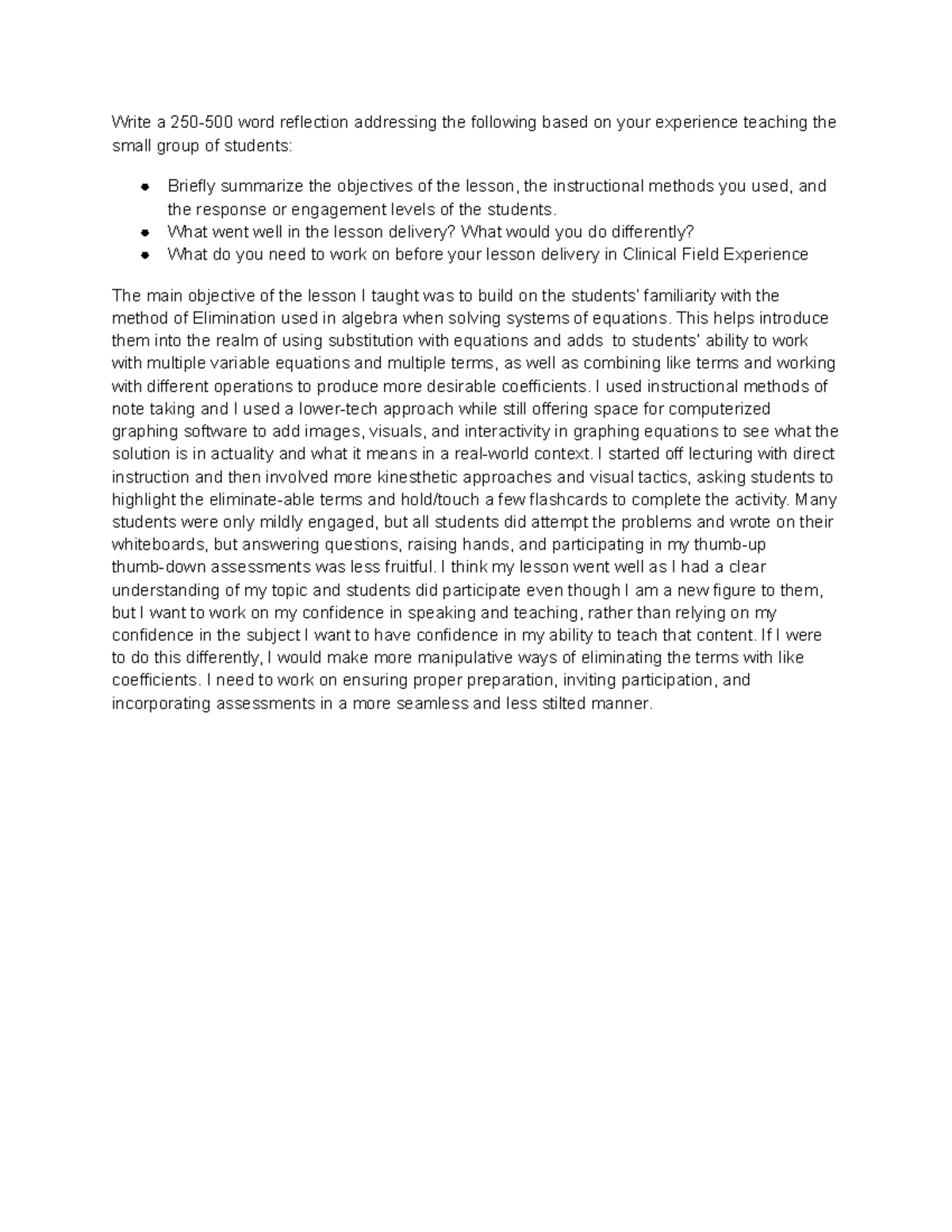 Clinical Field Exp B: Reflection on Instructional Planning and Delivery ...