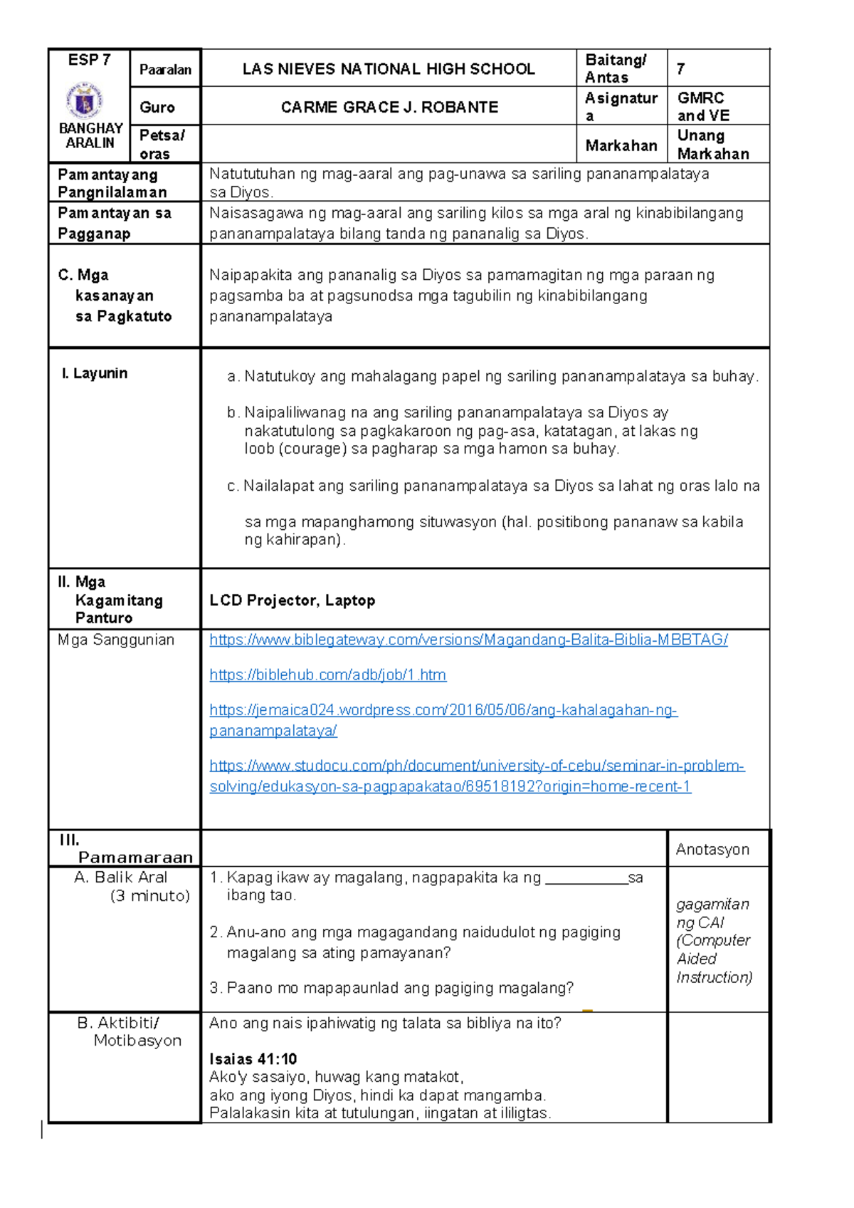 ESP 7 Lesson Plan: GMRC and VE for Antas 7 at Las Nieves National High ...