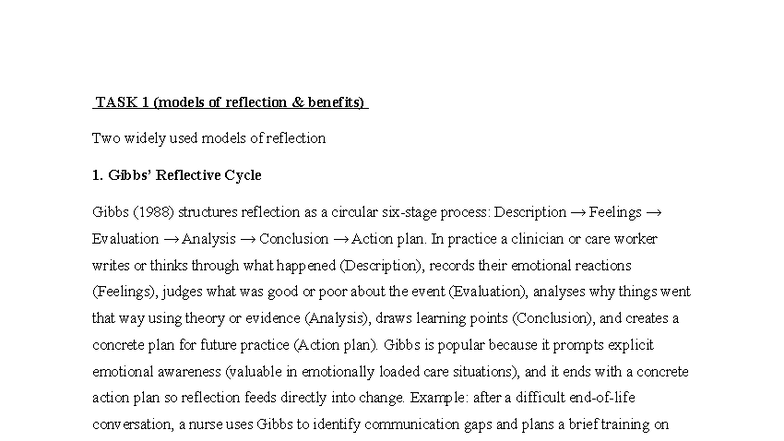 TASK 1 & 2: Reflective Models & Personal Development in Health/Social ...