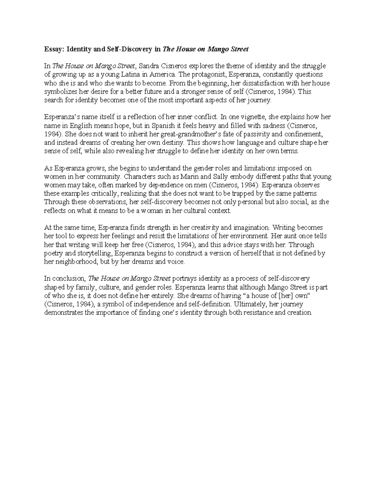 Essay: Identity in The House on Mango Street (ENG 101) - Studocu