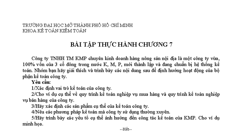 Bài Tập Thực Hành Chương 7 - Kế Toán Công Ty TNHH TM KMP 2025 - Studocu