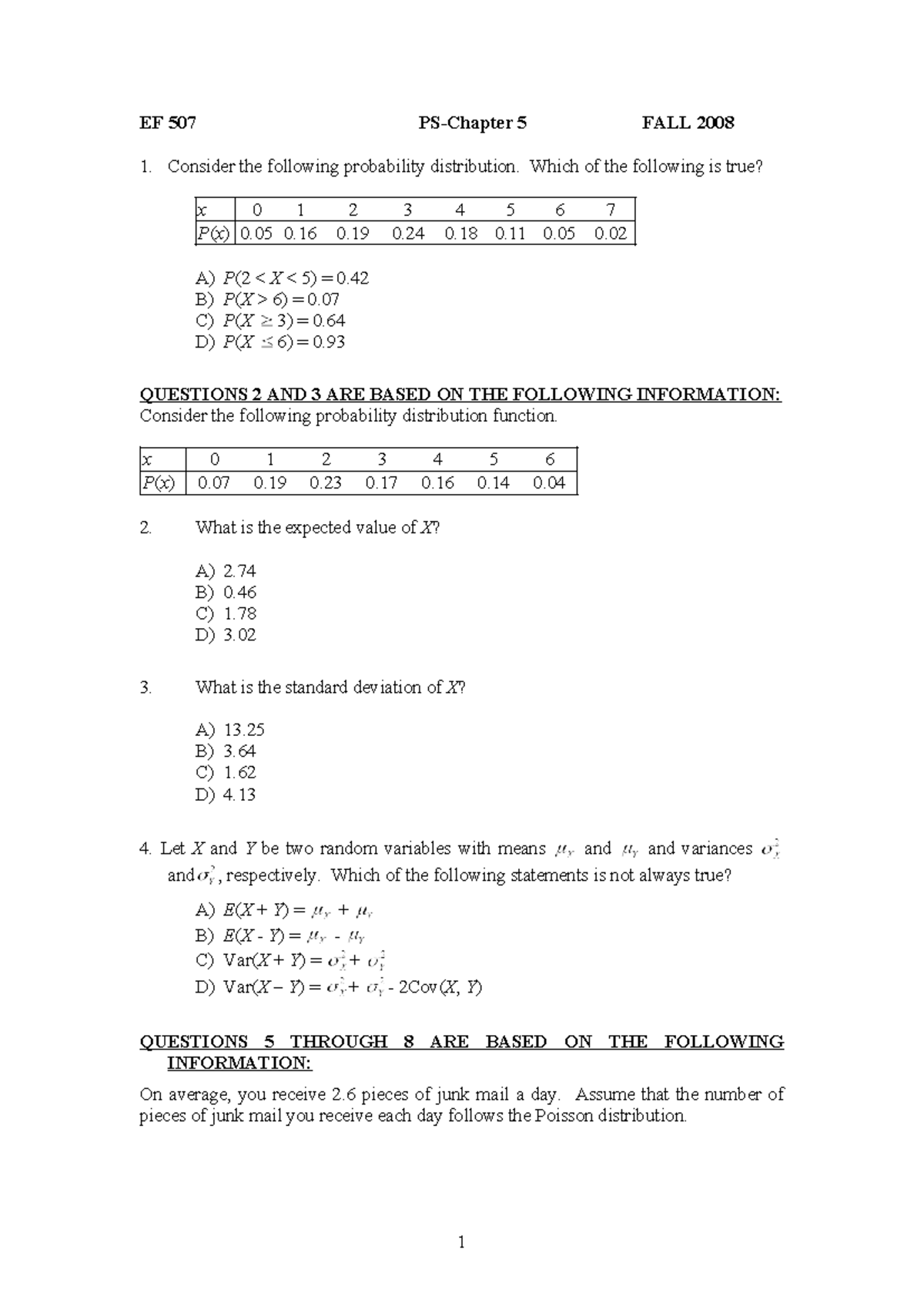 EF 507 5 Fall 2008: Probability Distribution Exercises - Studocu