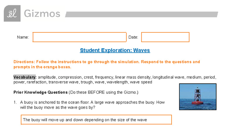 Gizmo: Waves Exploration - Student Guide for Understanding Wave ...
