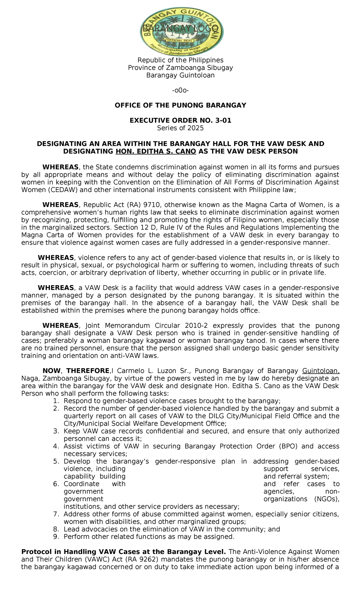EO VAW Desk and Officer - BARANGAY LOGO Republic of the Philippines ...