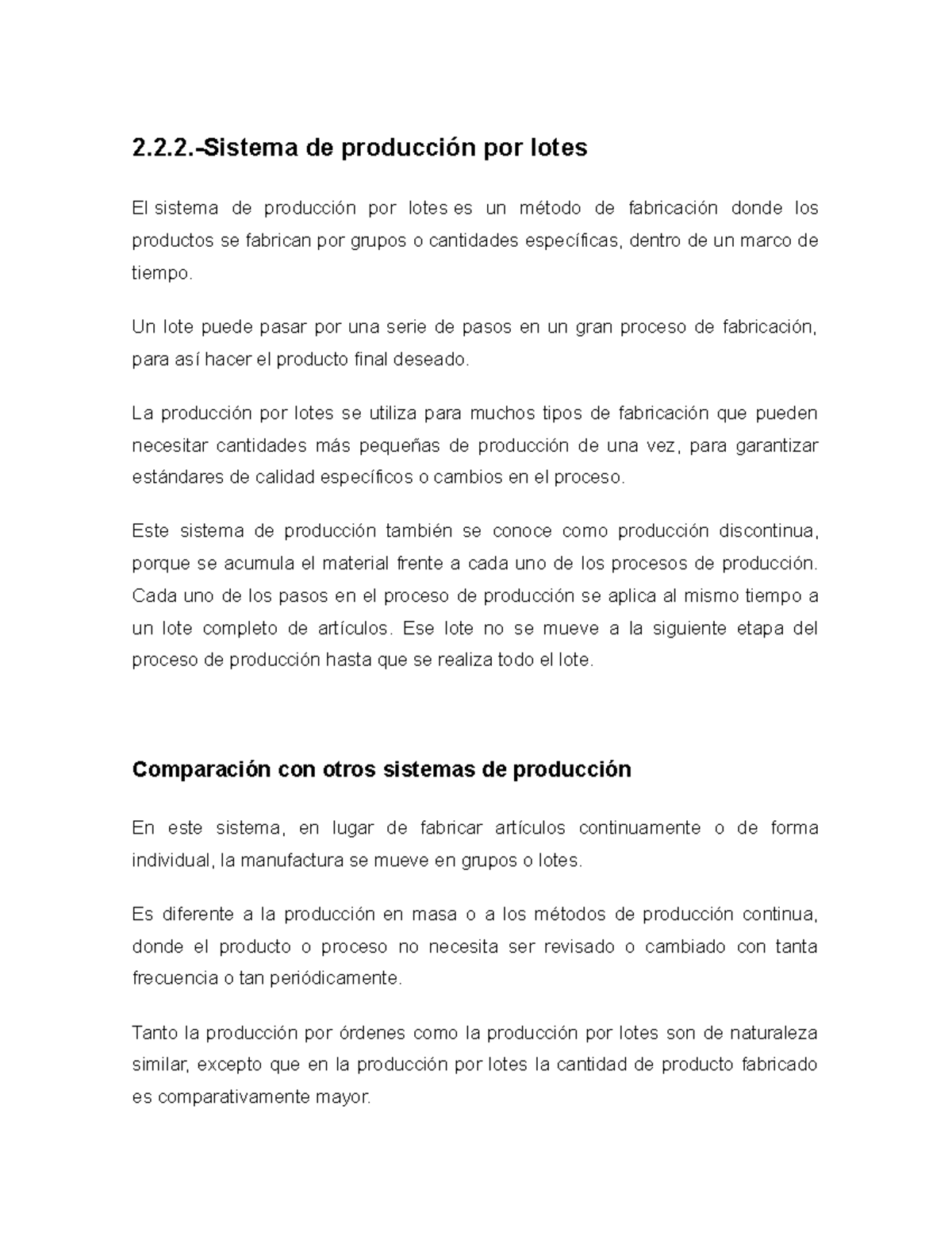 SISTEMAS DE PRODUCCIÓN POR LOTES: Características y Comparación - Studocu