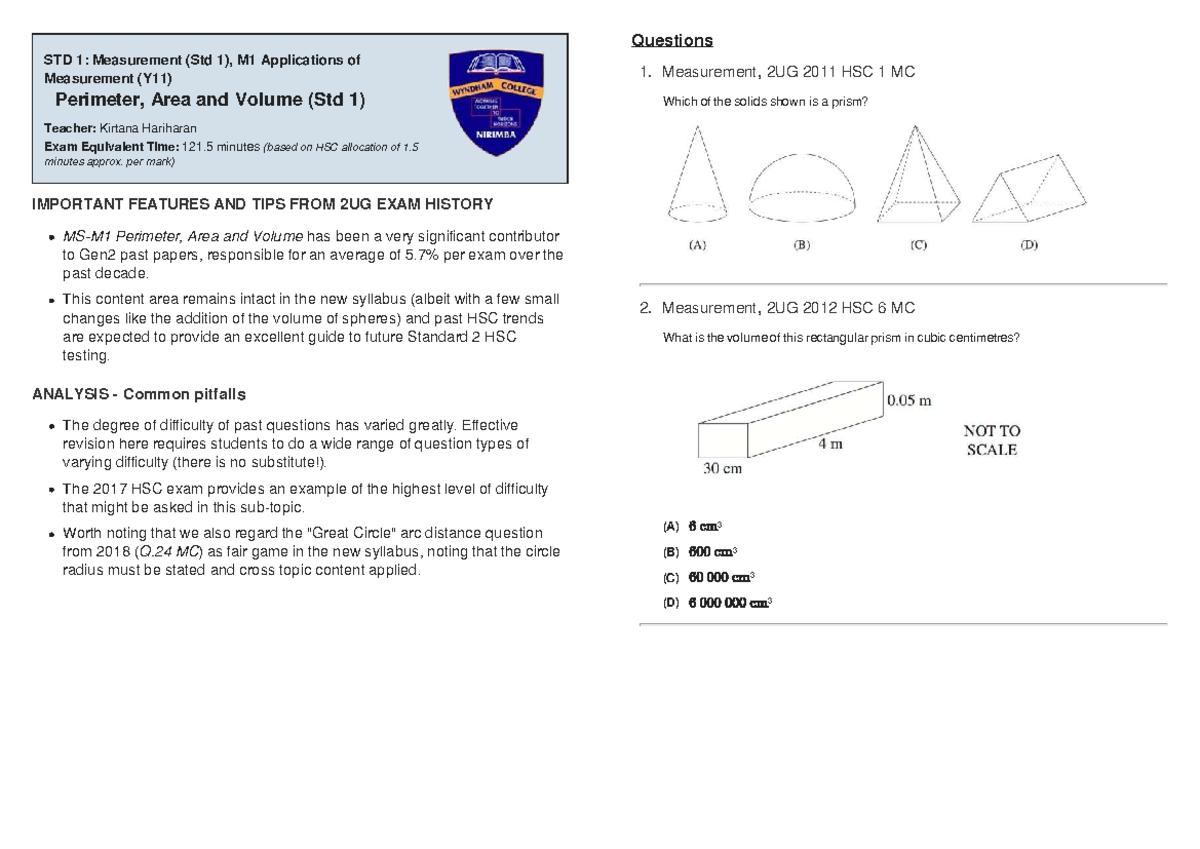 Measurement, 2UG Perimeter, Area & Volume Study Guide - Studocu