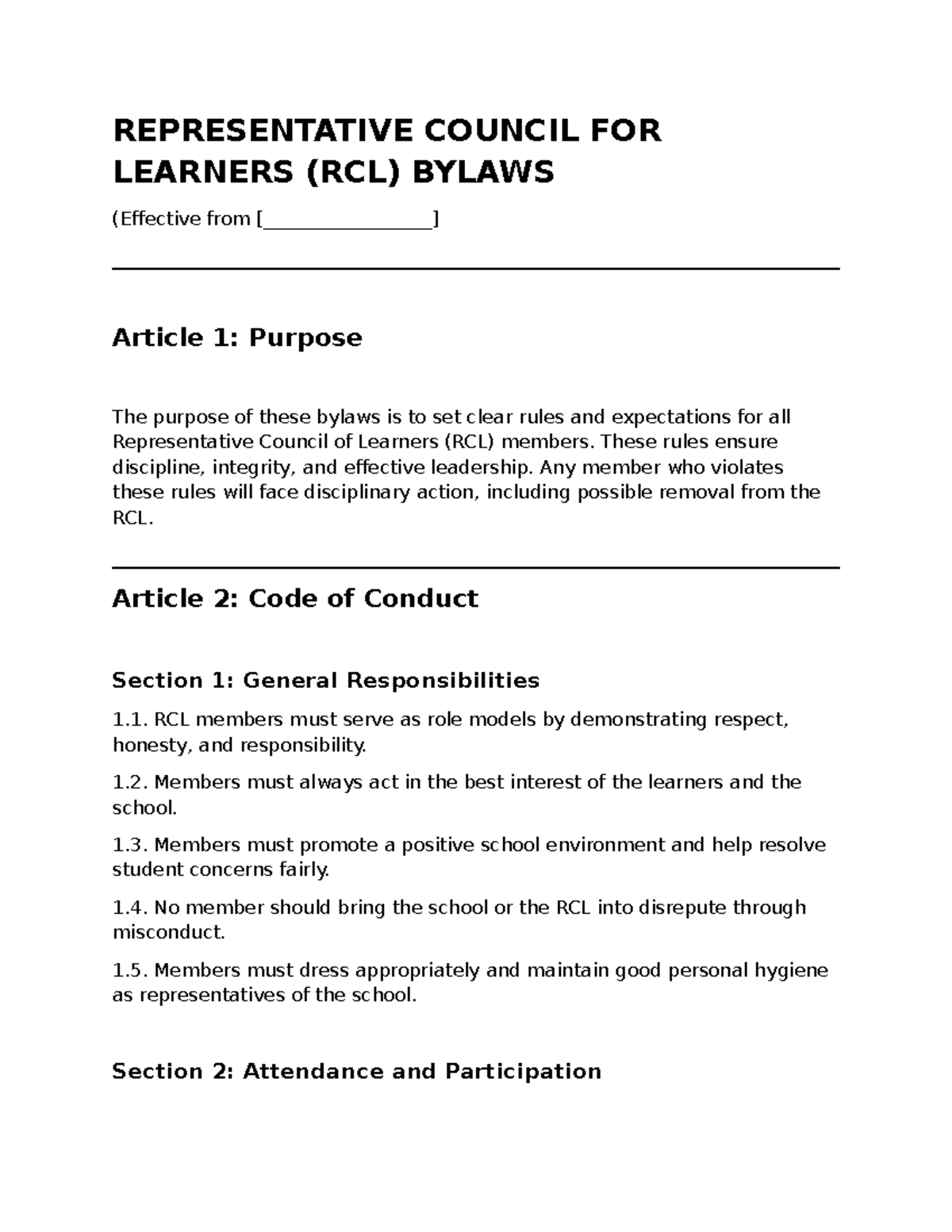RCL Bylaws: Rules and Expectations for Council Members - Studocu