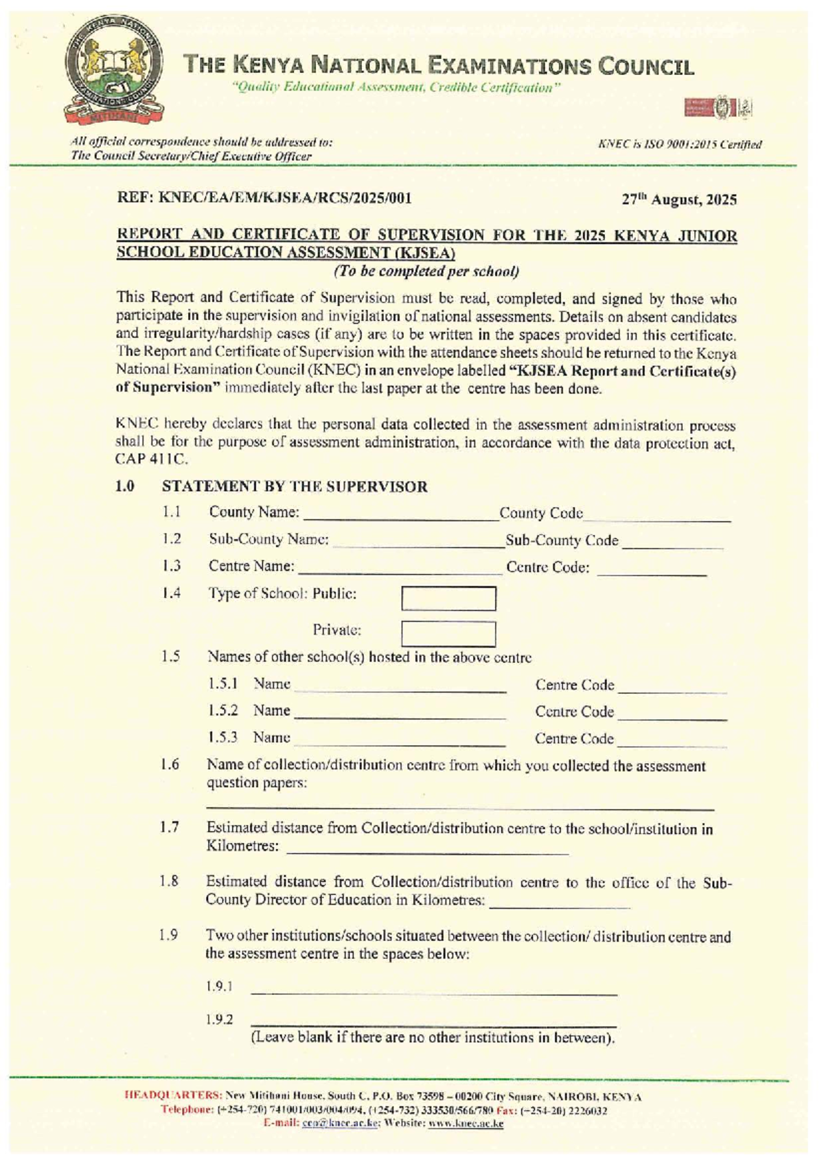 Report and Certificate of Supervision for the 2025 KJSEA - Studocu