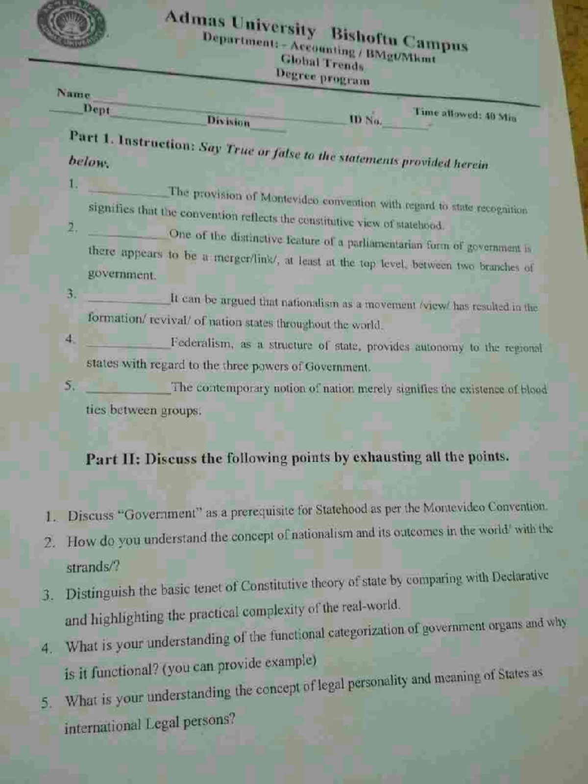 Global Affairs Midterm Exam 1 (As U) - Admas University Bishoftu Campus ...