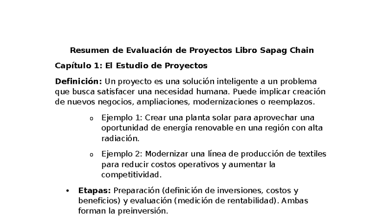 Resumen de Evaluación de Proyectos - Libro Sapag Chain (Cap. 1-15 ...
