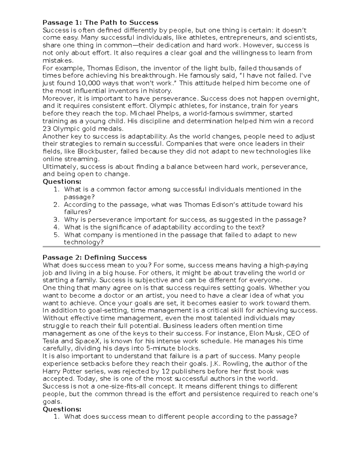 Success in Life: A Comprehensive Reading Practice Guide - Studocu
